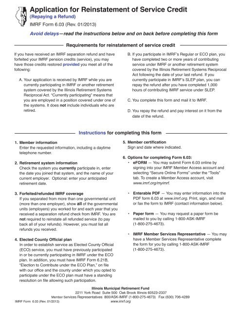 Application for Reinstatement of Service Credit - IMRF