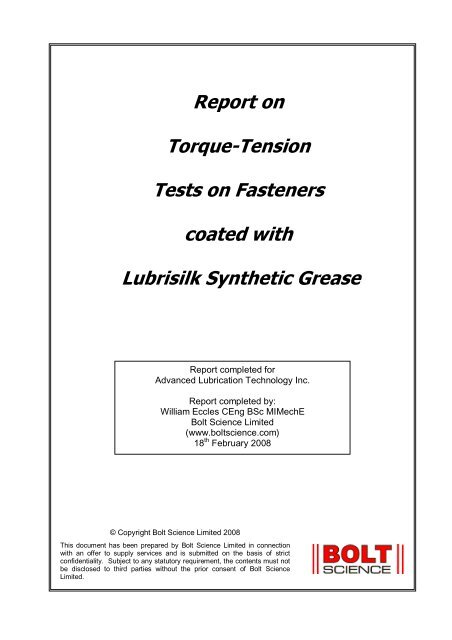 Fastener Torque Tension Tests - Advanced Lubrication Technology