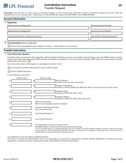 Contribution Instructions Transfer Request - LPL Financial