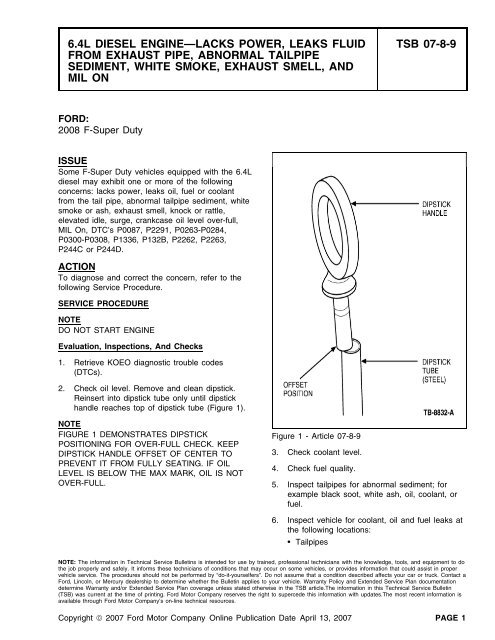 6.4L DIESEL ENGINE—LACKS POWER, LEAKS FLUID TSB 07-8-9 FROM ...