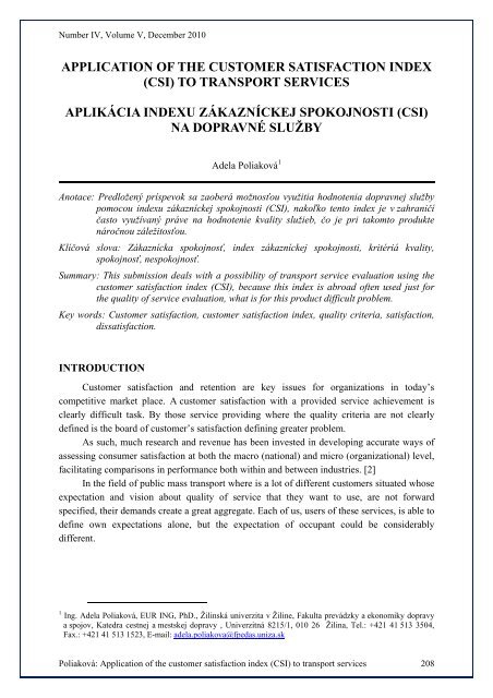 APPLICATION OF THE CUSTOMER SATISFACTION INDEX (CSI ...