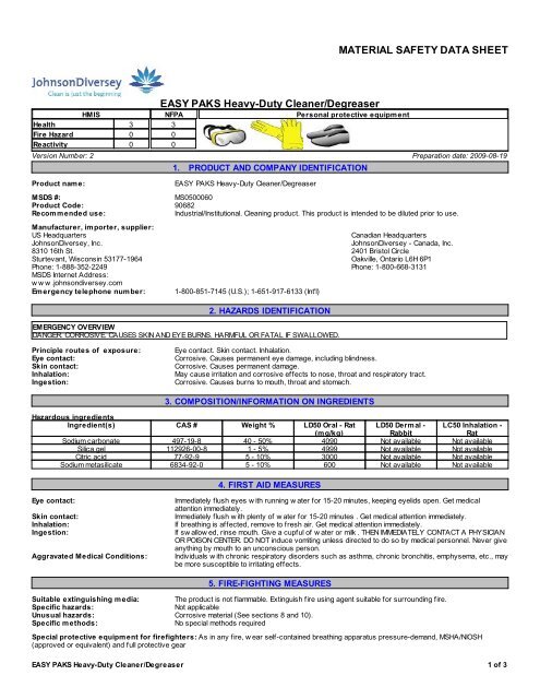 MATERIAL SAFETY DATA SHEET EASY PAKS Heavy-Duty Cleaner ...