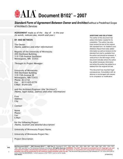 AIA B102 - 2007 Owner Architect - Capital Planning and Project ...