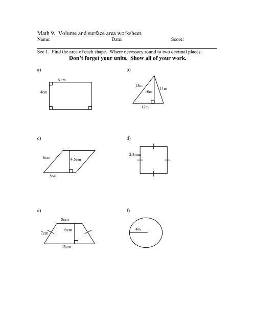 Math 9. Volume and surface area worksheet. Don't forget your units ...
