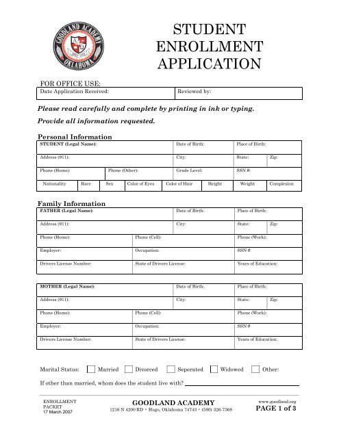 STUDENT ENROLLMENT APPLICATION - Goodland Academy