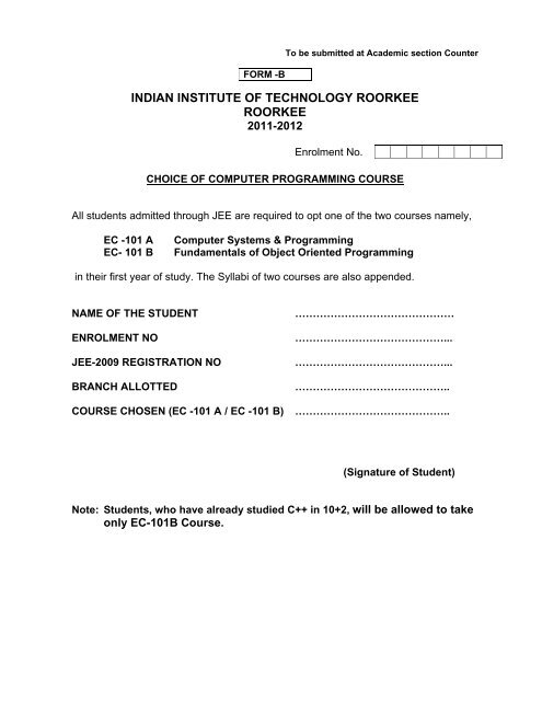 Download Form 'B' - IIT Roorkee