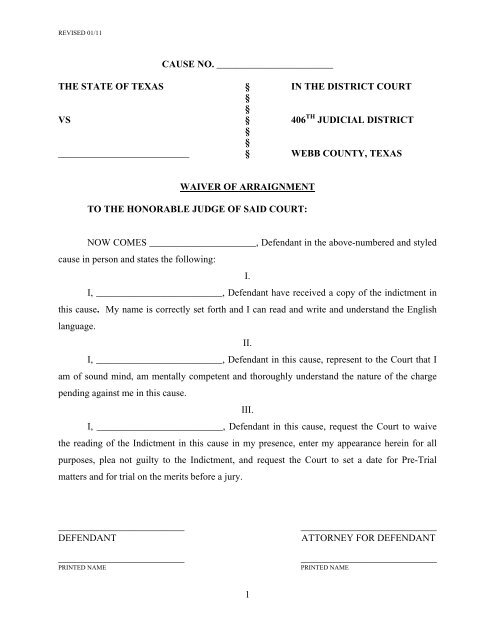 Waiver of Arraignment - Webb County