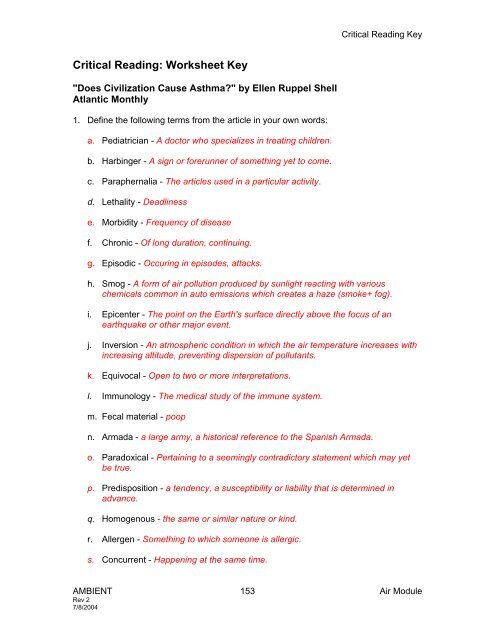 Critical Reading Worksheet Key Critical Reading Worksheet Key