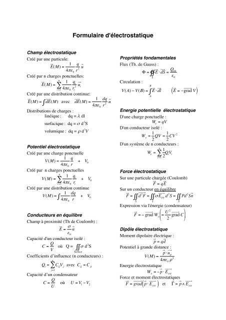 formulaire electrostatique pdf
