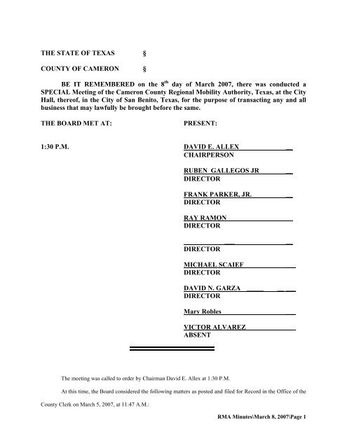 THE STATE OF TEXAS - Cameron County Regional Mobility Authority