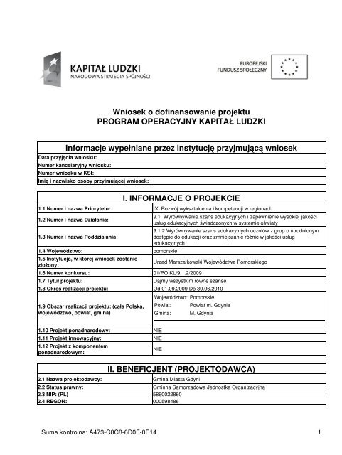 Wniosek o dofinansowanie projektu PROGRAM OPERACYJNY ...