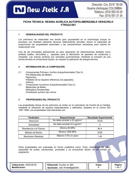 FICHA TÃ CNICA: RESINA ACRÃ LICA ... - New Stetic