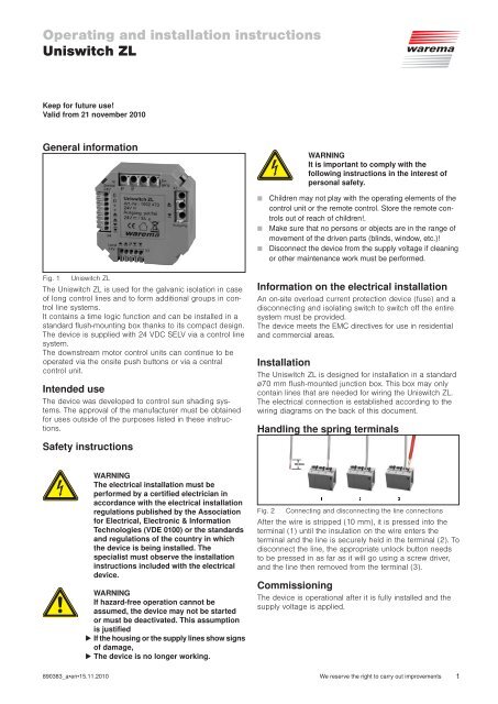 Operating and installation instructions Uniswitch ZL - Warema
