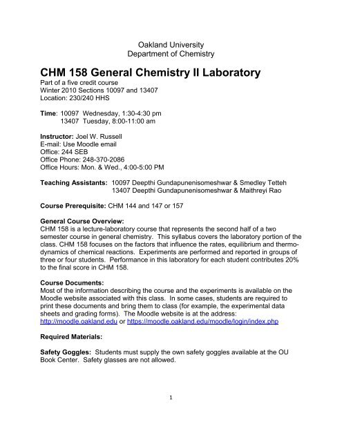CHM 158 General Chemistry II Laboratory - Oakland University
