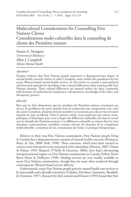 Multicultural Considerations for Counselling First Nations ... - ERIC