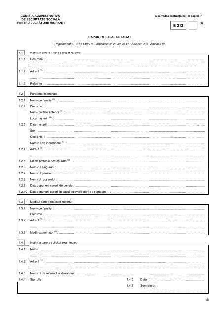 Formular E 213 - Raport medical detaliat