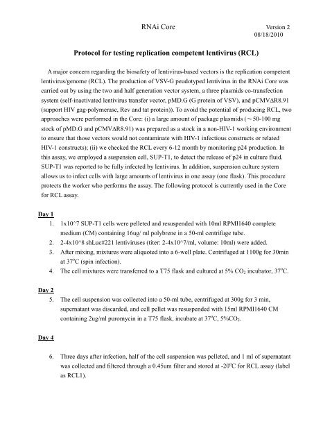 RNAi Core Protocol for testing replication competent lentivirus (RCL)