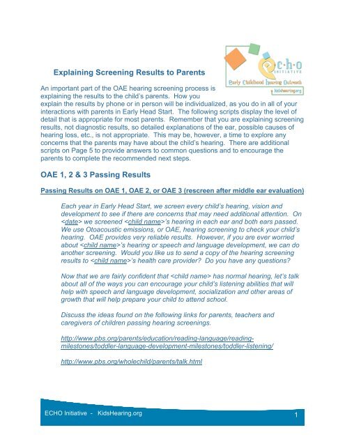 Explaining Screening Results to Parents OAE 1, 2 & 3 Passing Results