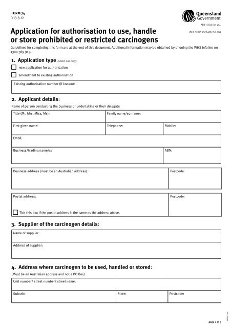 Form 74 Application for authorisation to use, handle or store ...