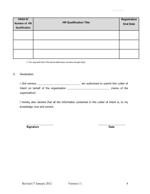 Letter of Intent SAQA ID