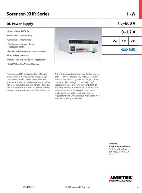 Sorensen XHR Series DC Power Supplies - Data Sheet