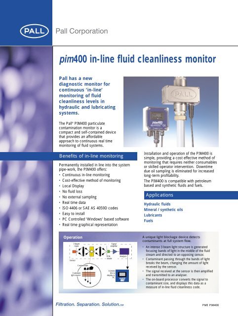 PME PIM400 Brochure PIM400 In-Line Fluid Cleanliness Monitor