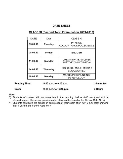 DATE SHEET CLASS XI (Second Term Examination 2009-2010)