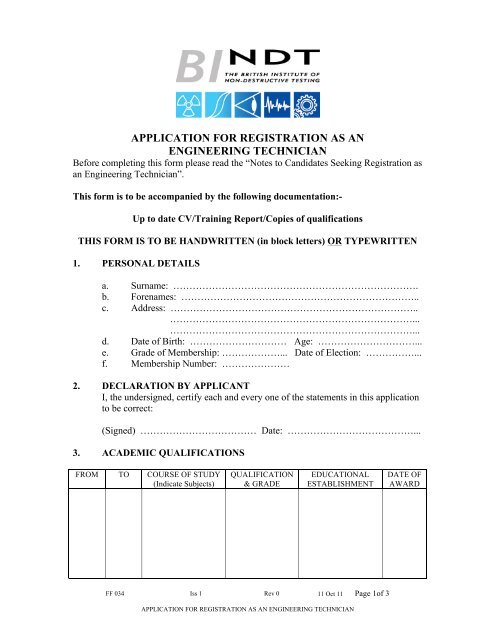 to download the Application Form for Engineering ... - BINDT