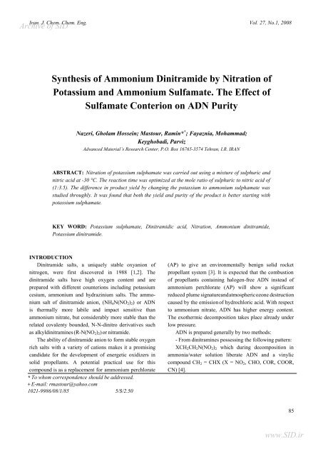 Synthesis of Ammonium Dinitramide by Nitration of Potassium ... - Sid
