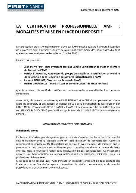 LA CERTIFICATION PROFESSIONNELLE AMF ... - First Finance