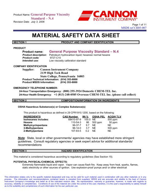 MATERIAL SAFETY DATA SHEET - Cannon Instrument Company