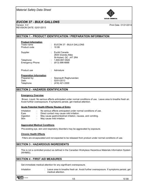 Eucon 37 MSDS - Euclid Chemical Co