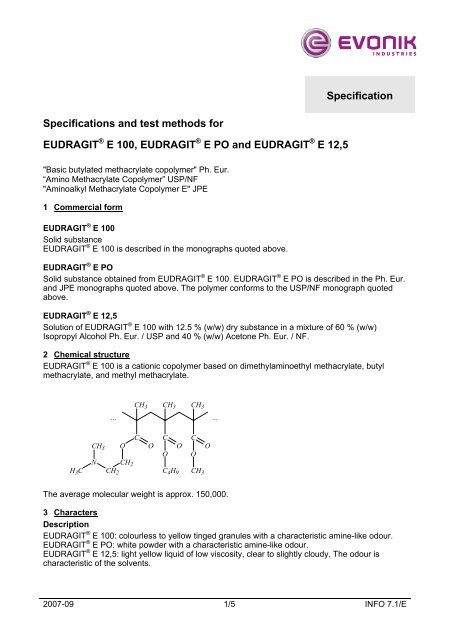 Specifications and test methods for EUDRAGITÂ® E 100, EUDRAGIT ...