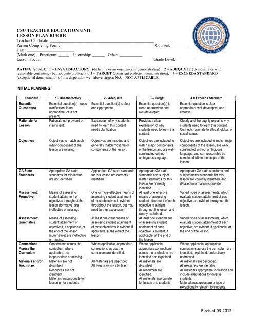 Teacher Education Unit Lesson Plan Rubric - Clayton State University