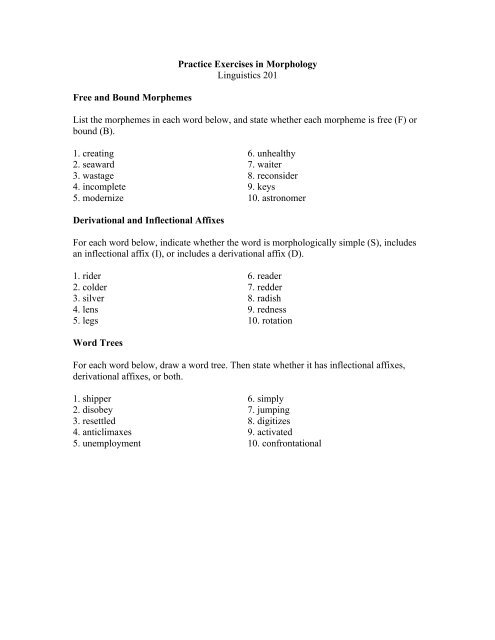Practice Exercises in Morphology Linguistics 201 - Basesproduced ...