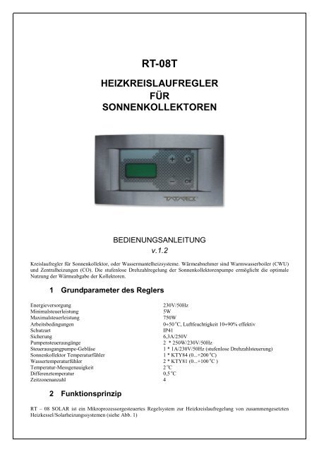 RT-08T HEIZKREISLAUFREGLER FÃœR ... - Tatarek