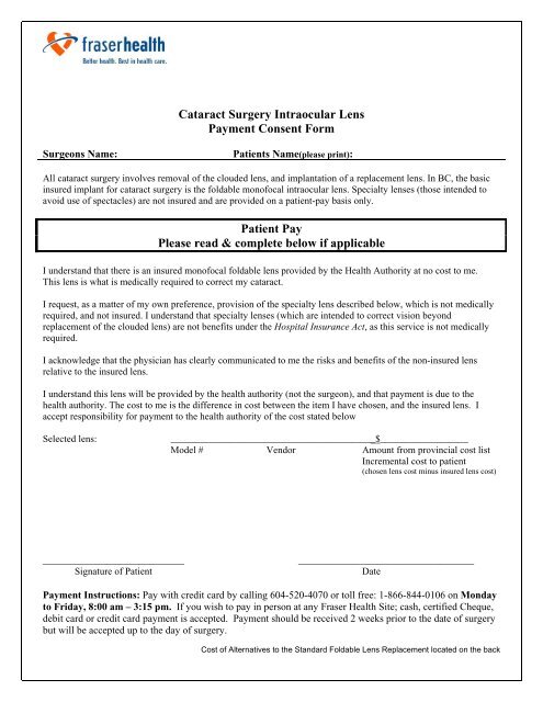 Cataract Surgery Intraocular Lens Payment Consent Form - Physician