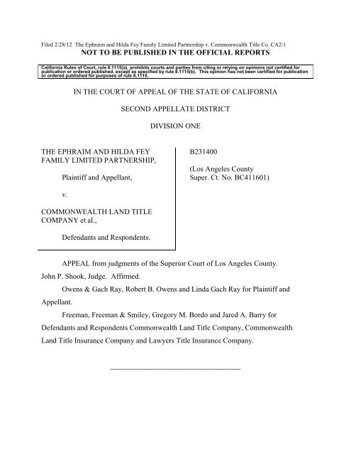 Ephraim and Hilda Fey Family LP v. Commonwealth ... - Garrett & Tully