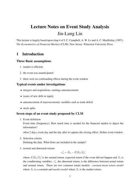 Lecture Notes on Event Study Analysis Jin-Lung Lin