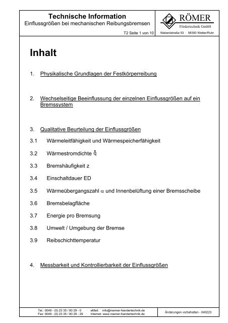 Technische Information - Römer Fördertechnik GmbH