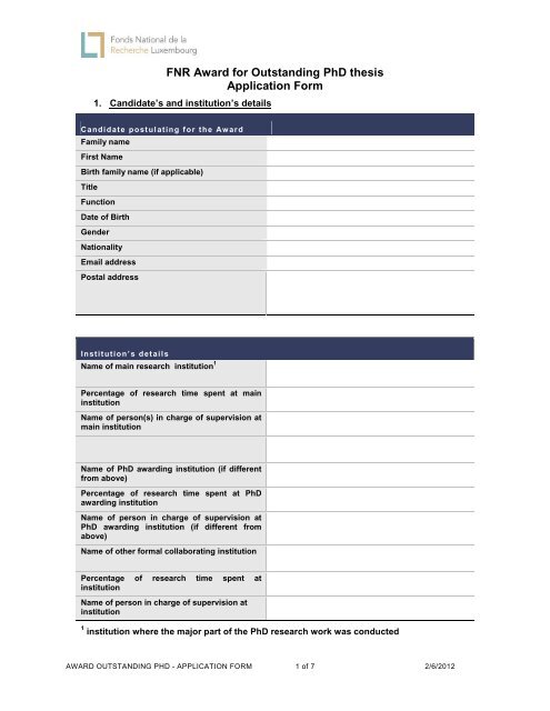 FNR Award for Outstanding PhD thesis Application Form