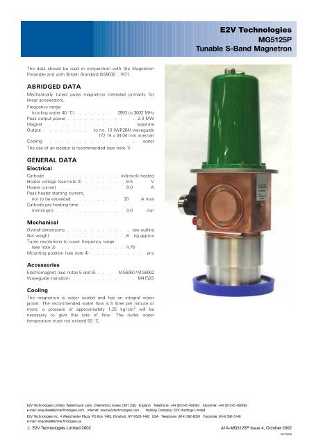 E2V Technologies MG5125P Tunable S-Band Magnetron