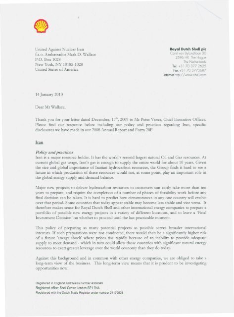 Royal Dutch Shell Letter to UANI on January - United Against ...