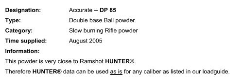 Data Powder 85 - Accurate Powders