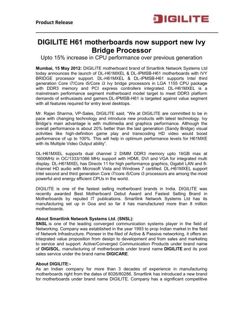 DIGILITE H61 motherboards now support new Ivy ... - Digisol.com