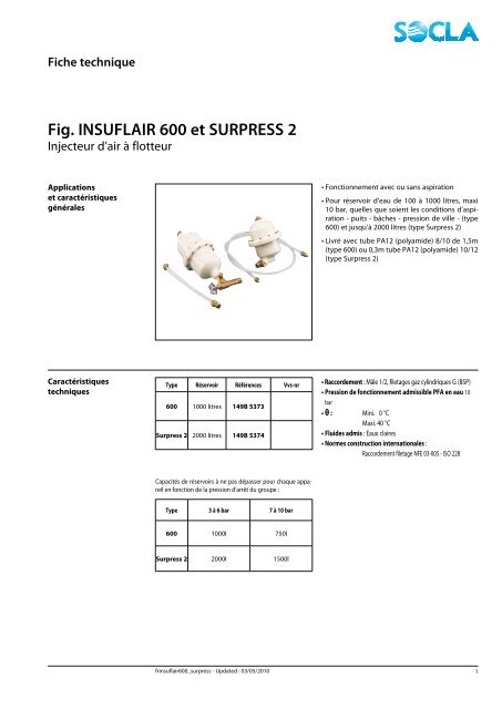 Fiche technique Fig. INSUFLAIR 600 et SURPRESS 2 - SOCLA