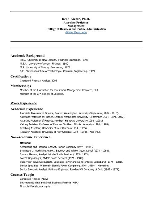 Dean Kiefer, Ph.D. Academic Background Certifications ...