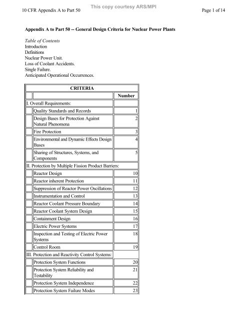 10 CFR 50, Appendix A, General Design Criteria for - AppendixR.com