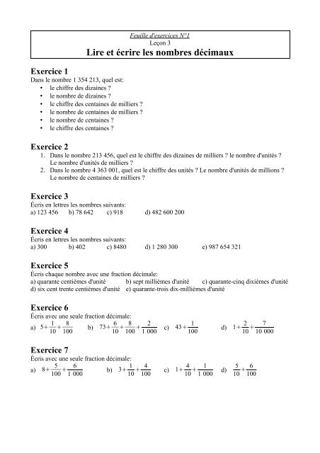 Lire et écrire les nombres décimaux Exercice 1 Lire et écrire les nombres décimaux Exercice 1