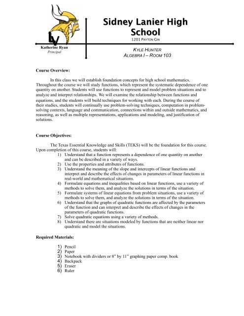 Algebra 1 Syllabus - Common Part - Lanier High School